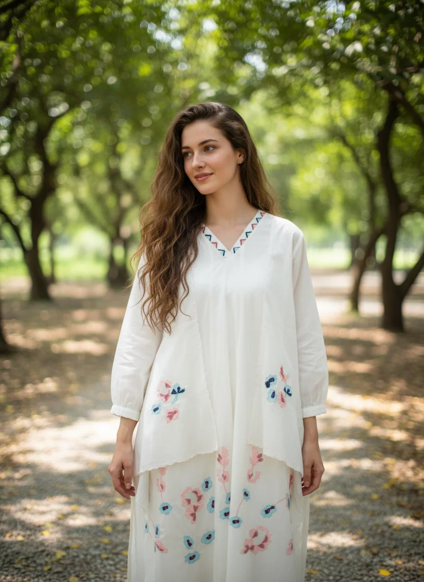 Maa N Mee White Layered Kurta with Floral Embroidery - Inspire Product